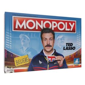 monopoly ted lasso | officially licensed board collectible board game | play as believe sign, goldfish, tea up, ted’s visor and more | based on popular comedy series