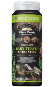 ultra fresh floating baby turtle food, all natural ingredients, wild sword prawn, calcium vitamin d enriched for picky aquatic baby turtles, baby turtle nutri stick 3.35 oz