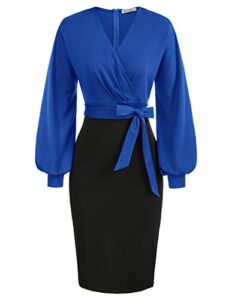 grace karin bodycon dresses for women wrap batwing sleeve professional work v neck dress royalblue-black m