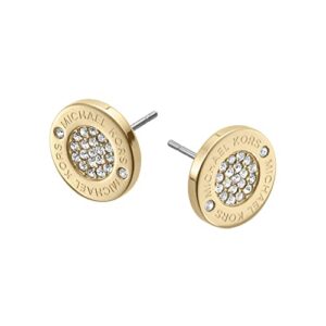 michael kors stainless steel and pavé crystal mk logo stud earrings for women, color: gold (model: mkj3351710)