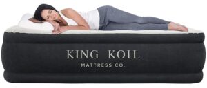 king koil luxury california king air mattress with built-in high-speed patented pump for home, camping & guests-inflatable double high airbed blow up bed, waterproof, 1 year warranty