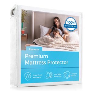 linenspa premium mattress protector - white - cal king size - breathable polyester - fitted style - waterproof design - machine washable & dryer safe - mattress protector for kids, teens, and adults