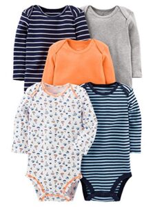 simple joys by carter's baby boys' 5-pack long-sleeve bodysuit, blue/grey heather/navy stripe/orange/white sailboats, 12 months