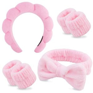 chanaco spa wristband and pink puffy sponge makeup headband set for face washing, skin care, teen girl gifts