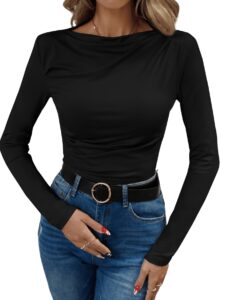 sweatyrocks women's boat neck long sleeve solid tee casual stretch slim fit ruched t shirt black m