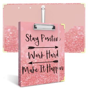 3 ring binder 1 inch, cute pink decorative hardcover low profile clipboard with storage, 1'' round ring binders for letter size paper, binder organizer for school office supplies(stay positive)