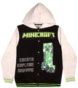 minecraft boys creeper button-up fleece varsity jacket for kids and toddlers (size 10/12, black/grey)