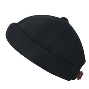 ililily solid color cotton short beanie strap back casual cap soft hat (medium, black-jersey)