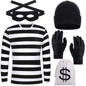 uratot halloween robber costume set, include striped long sleeve t-shirt knit cap gloves canvas bags and eye mask