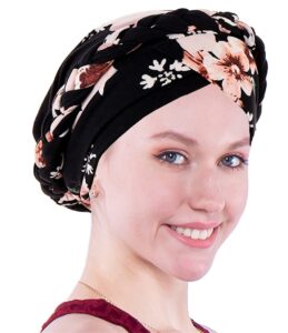 awlsyj chemo cancer head hat cap ethnic bohemia pre-tied twisted braid hair cover wrap turban headwear (d black pink flower)