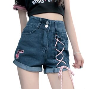 zlmumulin y2k harajuku style kawaii gothic straight leg loose a line folded vintage embroideried print jeans shorts s grey