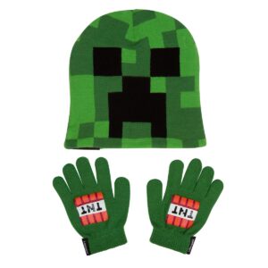 minecraft beanie hat and gloves set for youth boys or girls - green creeper with tnt gloves, one size