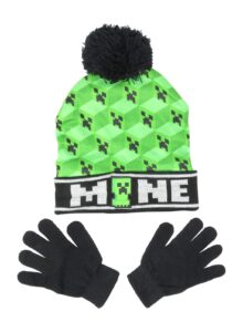 minecraft woven mine kids beanie hat cap and gloves set new green