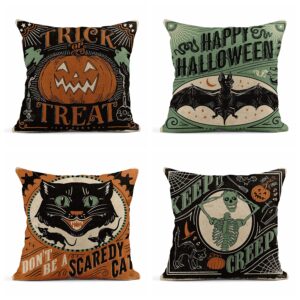 rouihot set of 4 linen throw pillow covers 18x18 inch vintage halloween scaredy cats pumpkins skeletons home decor pillowcase square cushion covers for sofa bed couch