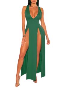 sexy maxi dress for women sleeveless front high split deep v neck party long bodycon tank dress