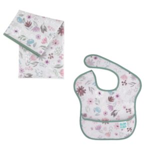 bumkins bibs for girl or boy, superbib baby and toddler for 6-24 months, essential must have for eating, feeding set, splat mat for under high chair, mess saving, waterproof fabric, floral gray