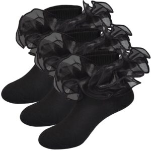 mini angel girls ruffle socks frilly double lace socks cotton turn cuff socks 6-8 years pageant socks for kids girls 3 pairs (black set, l)