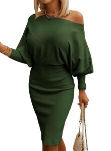 dokotoo green sweater dress for women elegant off shoulder long lantern sleeve elastic waist bodycon sexy pullover mini dresses knee length large