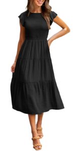 merokeety women's summer smocked midi dress flutter sleeve elastic waist tiered midi long dress,black,xs