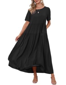 yesno women casual loose bohemian floral dress with pockets short sleeve long maxi summer beach swing dress xl ejf black