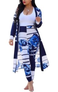 womens floral print long sleeve cardigan cover up long pants 2 piece outfits set blue