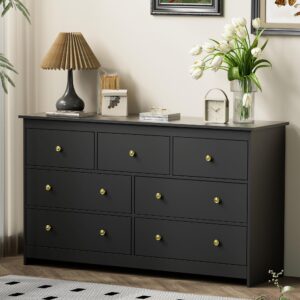 55'' black dresser for bedroom, 7 deep drawer large wood dresser with gold handles, modern wide storage dressers & chests of drawers for entryway, hallway