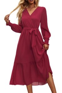 prettygarden women's floral print boho dress long sleeve wrap v neck ruffle belted a-line flowy maxi dresses (solid wine red,medium)