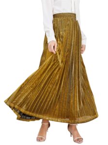 chartou women's premium metallic shiny shimmer accordion pleated long maxi skirt (small, gold)