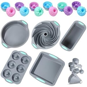 tongjude 46 piece silicone bakeware set, non-stick kitchen oven baking pans, silicone cake molds with cake pan, chiffon cake pan, donut pan, square cake pan and loaf pan