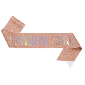 birthday girl sash, birthday sash for women, glitter rose gold sash with multicolor foil, party favors supplies and decorations for sweet 16, 18th 21st 30th 40th 50th 60th 70th 80th or any bday party