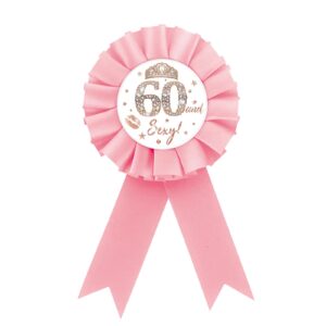 60 and sexy tinplate badge pin, it's my 60th birthday button pin, happy 60th birthday pink rosette badge pin for women, brooch buttons for sixty years old birthday party