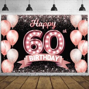 happy 60th birthday rose gold banner backdrop cheers to 60 years old confetti balloons theme decor decorations for women 60 years old pink birthday party bday supplies background favors gift glitter