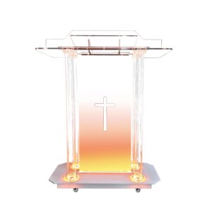 layiqdc church pulpit with hollow cross design,led acrylic church podium with wheels& vertical reading platform, 46”transparent lecterns for churches,classroom and weeding(39.4”l*15.7”w *44”h)