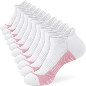 cuangya performance ankle socks women with heel tab for running athletic white socks pink low cut cushioned 5-pairs