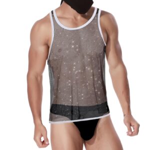 jinshi men's sexy sleeveless tank-top,see thru sheer a-shirt vest,mesh club wear muscle tee,fishnet undershirts black l