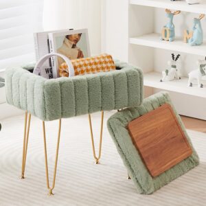 wimarsbon faux mink fur storage ottoman, modern soft footstool, storage bench with metal legs, vanity seat, fur stool, ottoman coffee table, makeup chair, vanity stools for bedroom (light green)