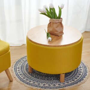 simple&opulence modern round storage coffee table ottoman for living room bedroom, accent drum side table, nightstand, footstool, sofa end table with wood lid tray and solid wood legs (yellow)