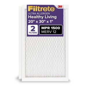 filtrete 20x30x1 ac furnace air filter, merv 12, mpr 1500, certified asthma & allergy friendly, 3 month pleated 1-inch electrostatic air cleaning filter, 2-pack (actual size 19.81x29.81x0.78 in)