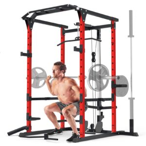 mappding 1500 lbs power cage, squat rack for home gym with lat pullup system with 3 grip variations, leg hold-down attachment, weight cage with more training attachment for garage workout, q2 red