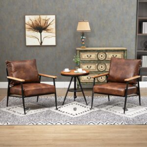 gyi brown leather accent chair set of 2, 23.6'' wide armchair set of 2, industrial black metal frame accent chairs with wood arms for living room, bedroom