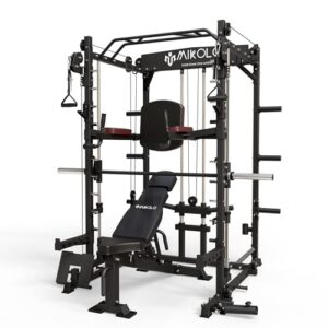 mikolo smith machine with weight bench, multifunction power cage and cable crossover machine, workout machine with storage system, band pegs, smith bar and other attachments for home gym（black&black）