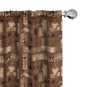 ambesonne coffee window curtains, cafeteria pattern with hot mocha latte milk love typography on scribble backdrop, lightweight decor 2-panel set with rod pocket, pair of - 28" x 63", beige brown