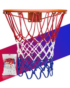 xxxyyy basketball net replacement heavy duty, 2023 professional on-court quality [6.88ounce], fits outdoor indoor standard rim, all weather anti whip -12 loops (red white blue)