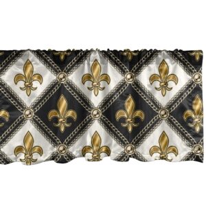 ambesonne fleur de lis window valance, royal french lilies on monochrome diagonal checkered backdrop, curtain valance for kitchen bedroom decor with rod pocket, 54" x 12", black white dark mustard