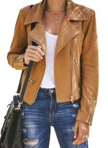 evaless women's trendy stand collar faux suede jackets moto jacket coat brown l (mngw85294-17-l)