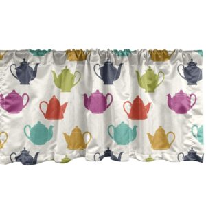 lunarable teapots window valance, continuous tea party themed tools colorful cartoon pattern on pastel backdrop, curtain valance for kitchen bedroom decor with rod pocket, 54" x 12", ivory magenta