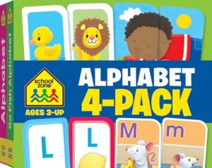 school zone - alphabet 4-pack flash cards - ages 3+, preschool, kindergarten, go fish alphabet, three-letter words, alphabet match, lowercase & uppercase letters, letter-picture recognition, and more