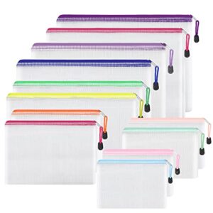 eoout 12pcs multi-size mesh zipper pouches, 6 sizes, 12 colors waterproof zipper bags, water-resistant plastic document pouch for office supplies, puzzles storage