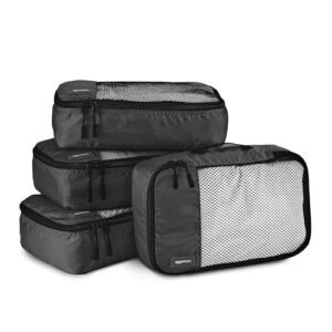 amazon basics lightweight packing cubes for travel, 4 piece set with double zipper pulls and mesh top panel, 100% durable polyester, small, black