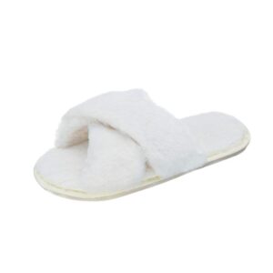 humiwa white cross slippers fuzzy fluffy faux fur house spa cute open toe slippers for women girl/women8-8.5 men7-7.5